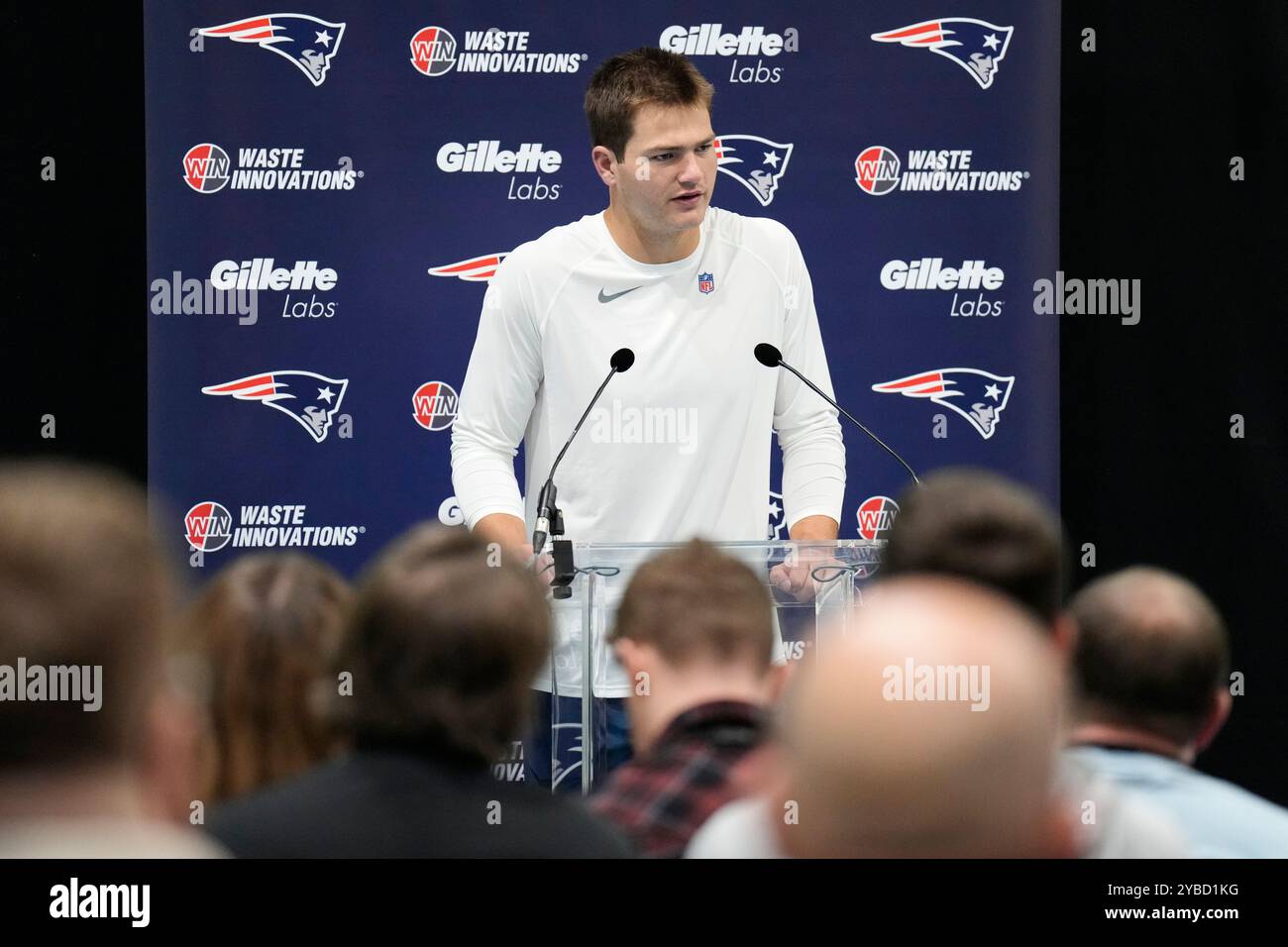 New England Patriots quarterback Drake Maye speaks with media ahead of ...