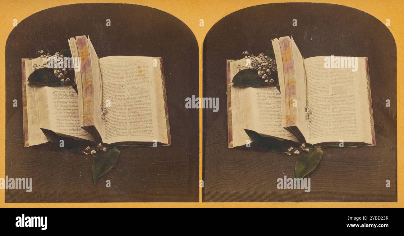 Book opened at two spots, one with book mark string, the other with flowers, about 1870-1880 ...