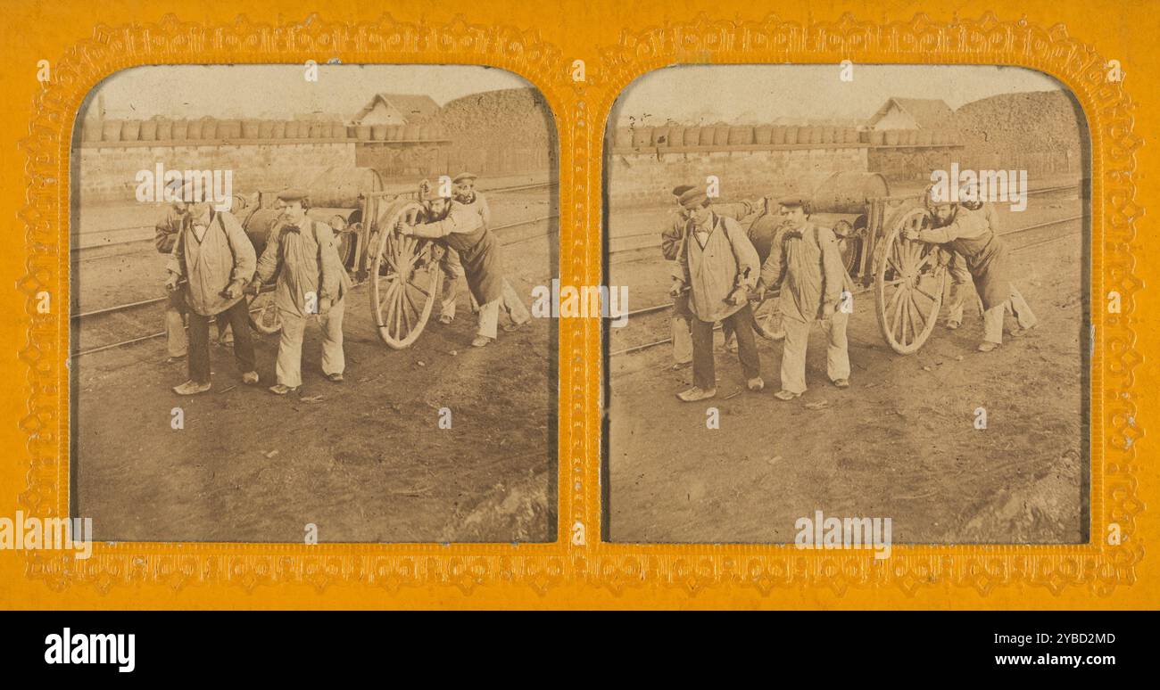 Men pushing and pulling a wagon, 1855-1860 Stock Photo - Alamy