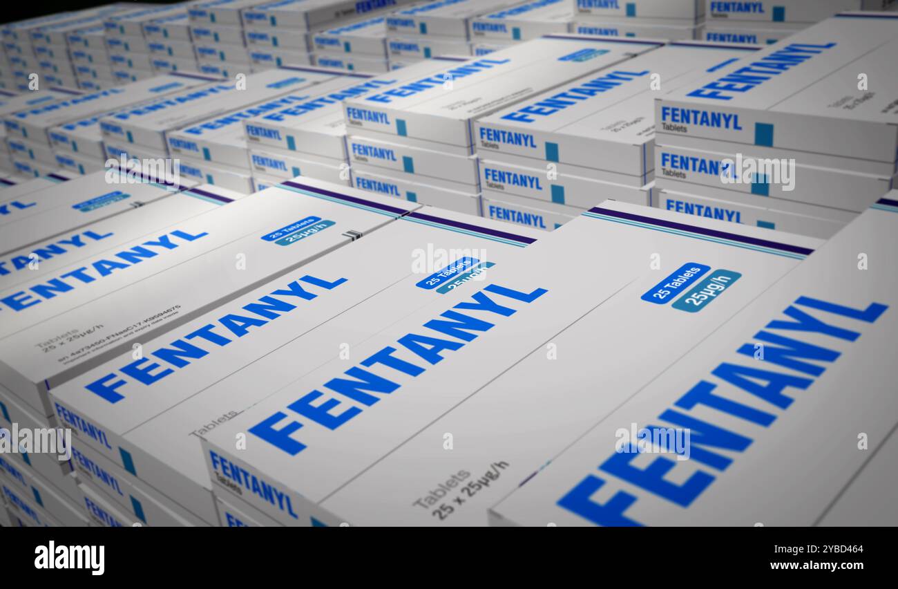 Fentanyl opioid painkiller tablets box production line. Medical pain ...