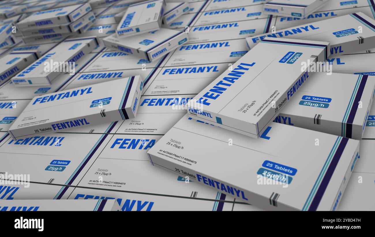 Fentanyl opioid painkiller tablets box production line. Medical pain ...