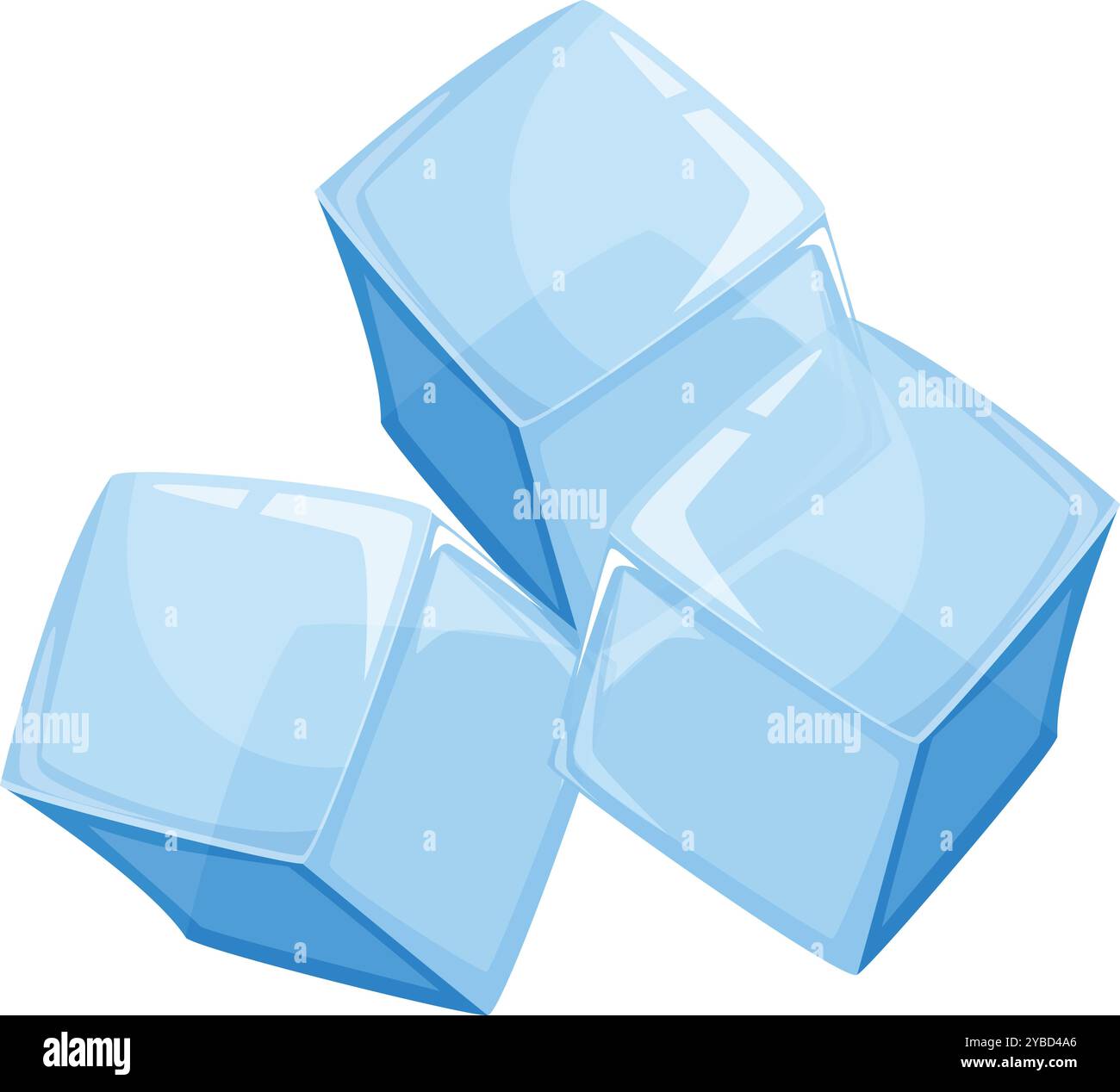 Three semi transparent light blue ice cubes are falling down on a white ...