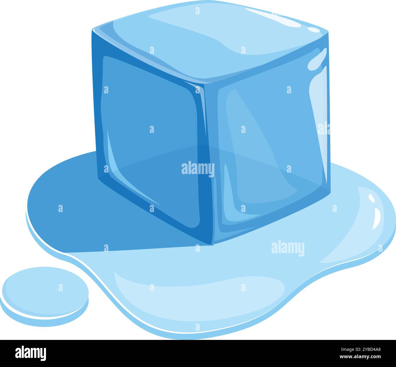 Cartoon style blue ice cube is melting over a white background, creating a puddle of water Stock ...