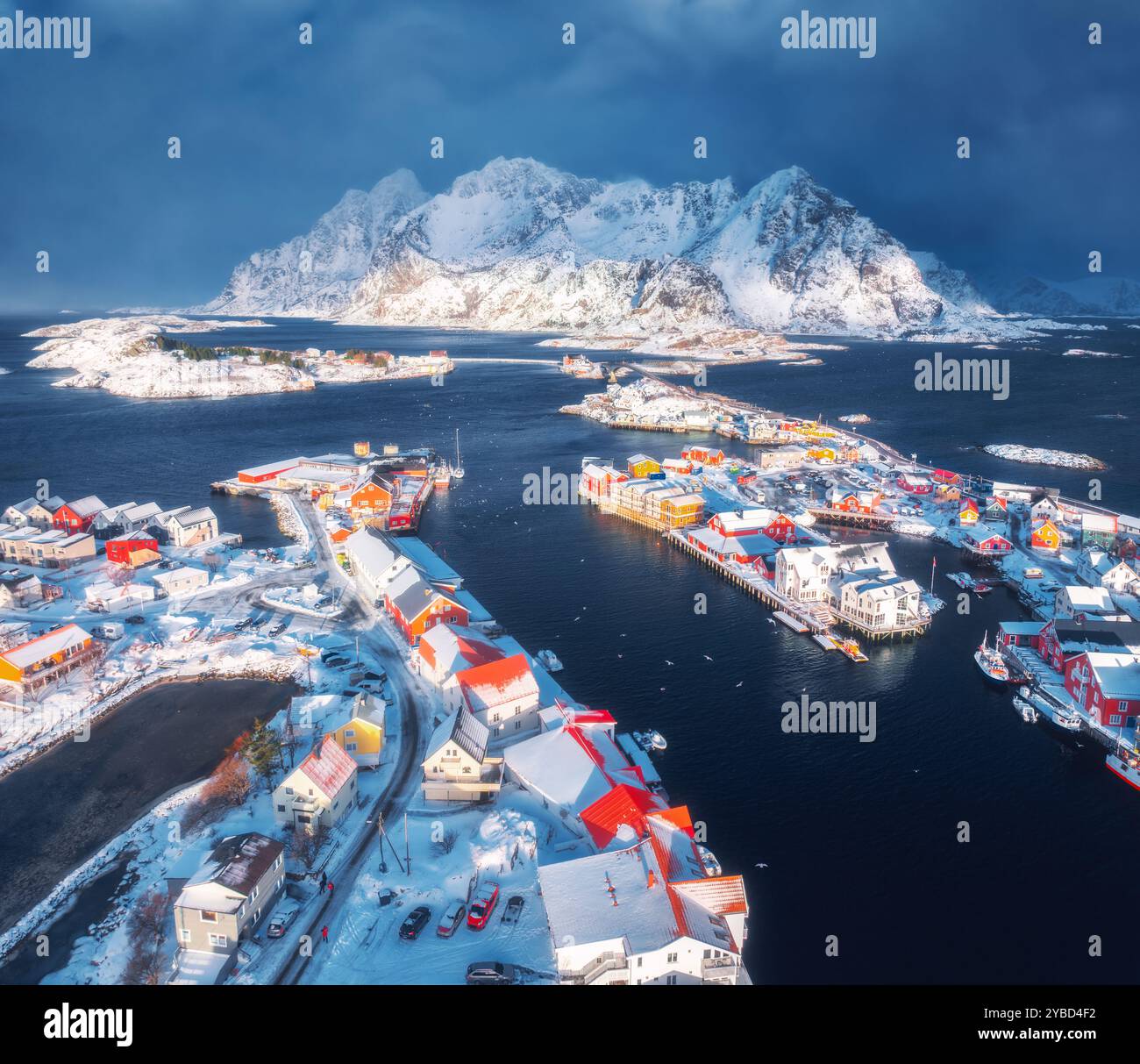 Aerial view of snowy fishing village in Norway in winter Stock Photo ...