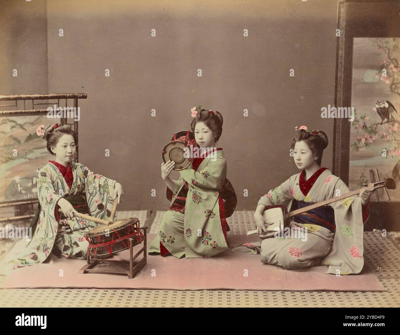 Girls Playing Samisen and Fluya, 1870s-1890s. Three young girls playing ...
