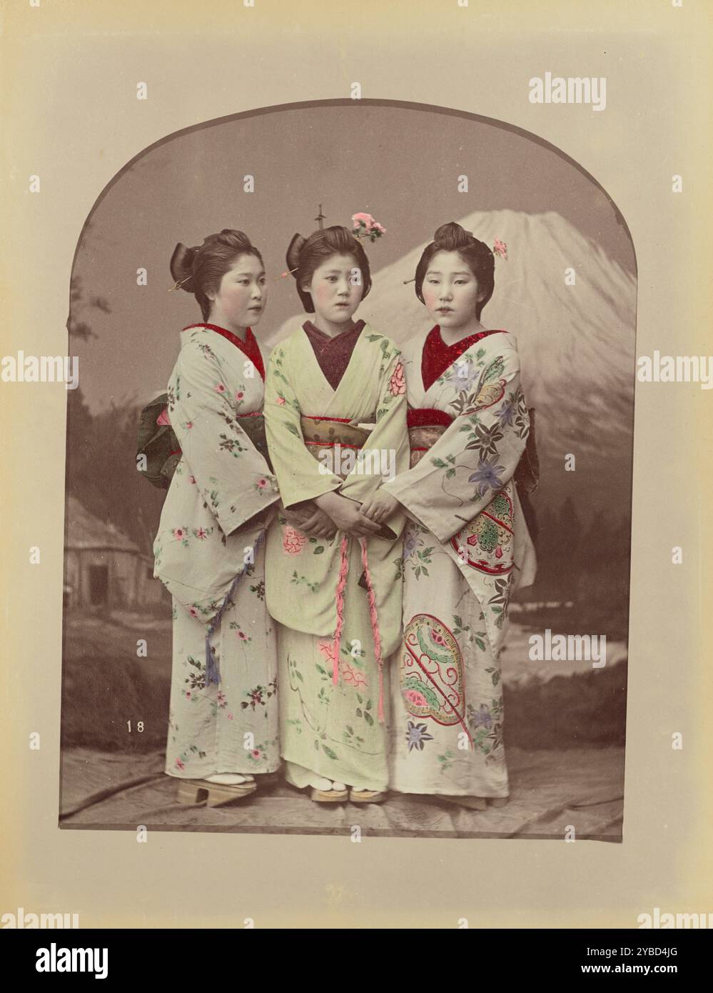 Three Girls, 1870s-1890s. Three girls in floral kimonos standing in ...