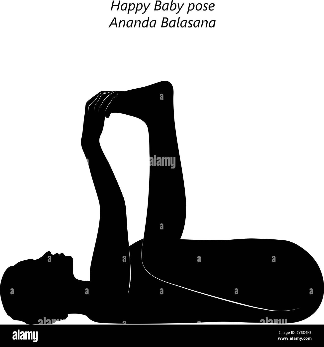 Young woman practicing Ananda Balasana yoga pose. Blissful Baby pose or ...