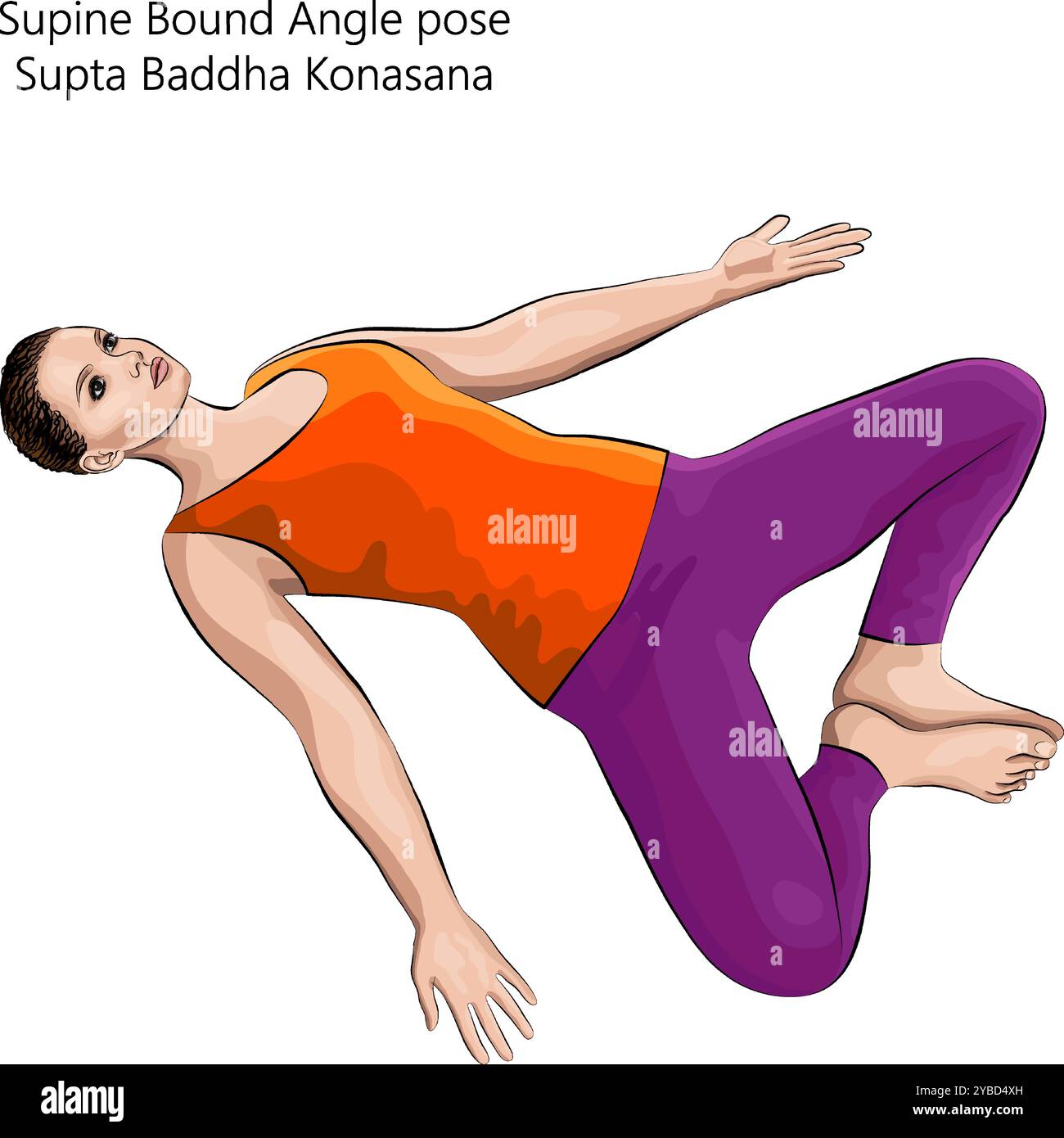 Young woman practicing yoga pose. Supine Bound Angle pose. Supta Baddha Konasana. Isolated ...