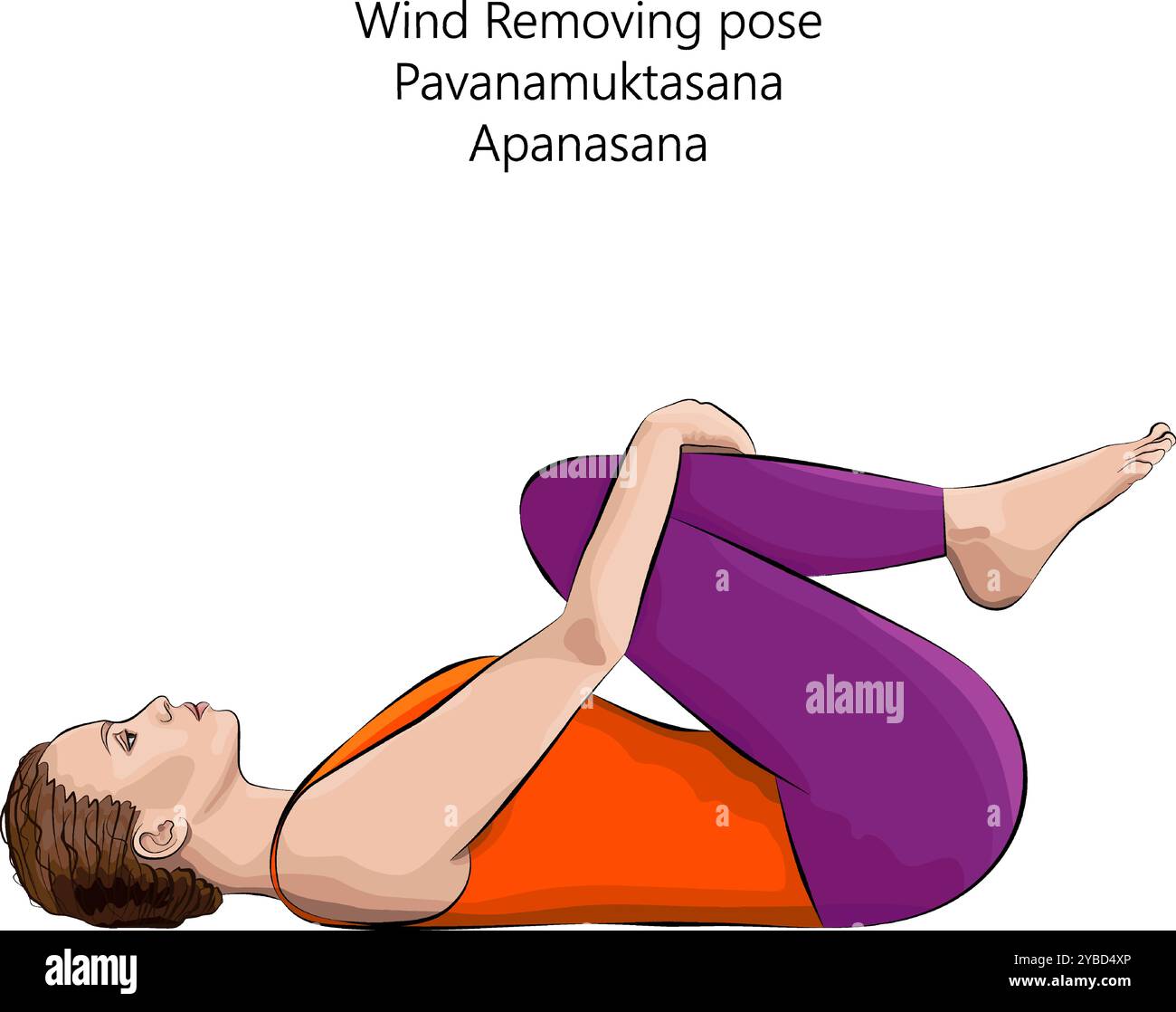 Young woman practicing yoga pose. Wind Removing or Wind Relieving pose ...
