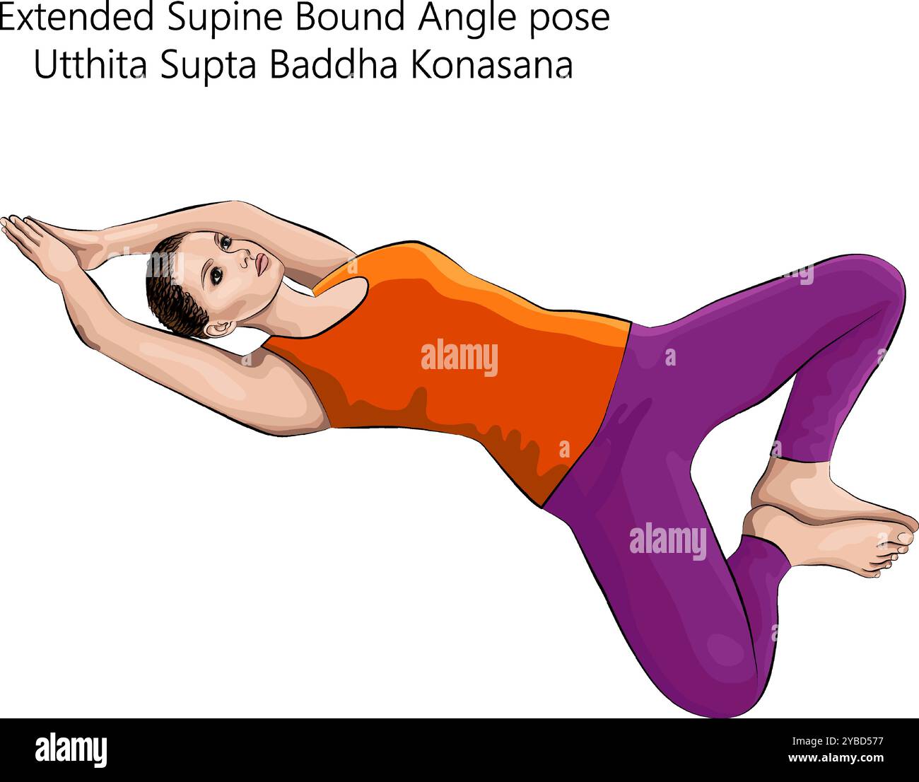 Young woman practicing yoga pose. Extended Supine Bound Angle pose ...