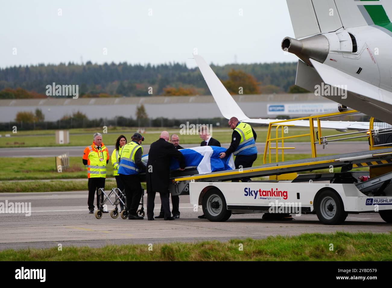 The coffin of former first minister of Scotland Alex Salmond, draped in ...