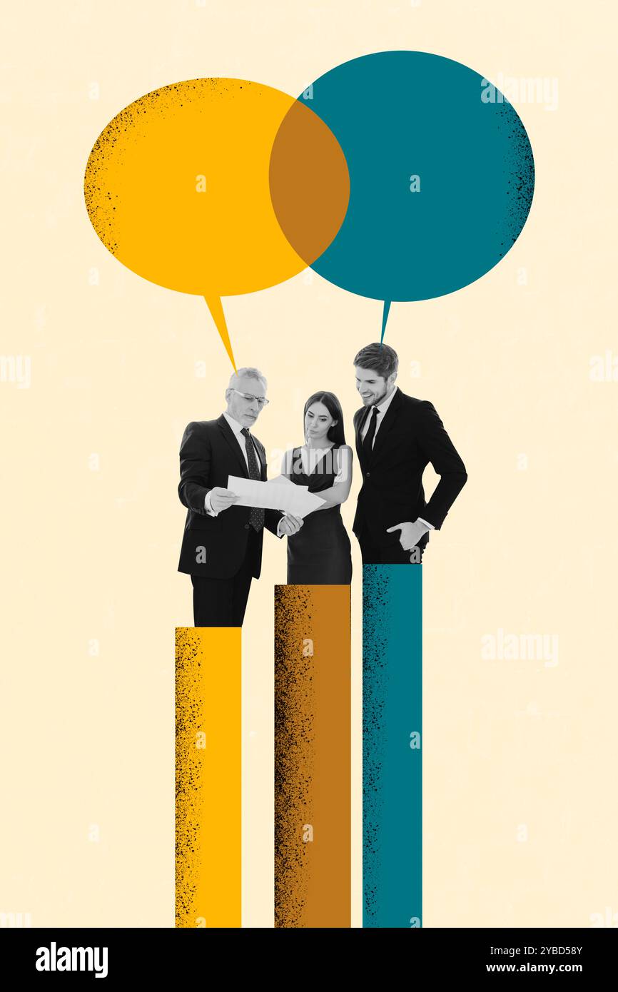 Vertical photo collage of three serious business people project work ...