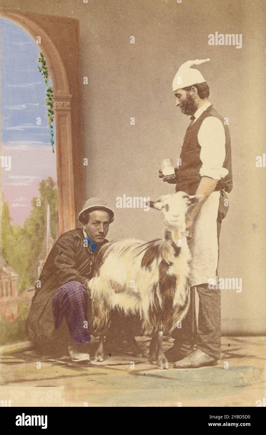 Two men and a goat, about 1865. Unidentified man wearing a pith helmet ...