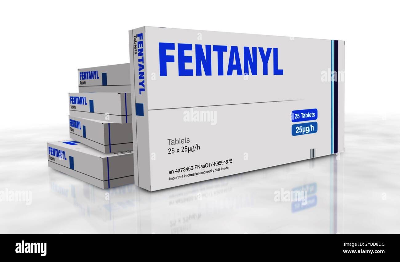 Fentanyl opioid painkiller tablets box production line. Medical pain ...