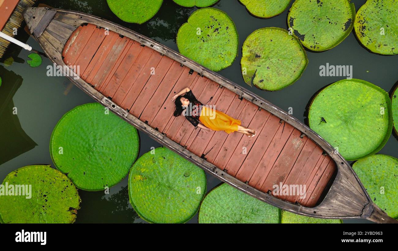 Asian woman relaxing on a long tail boat surrounded by giant Victoria ...