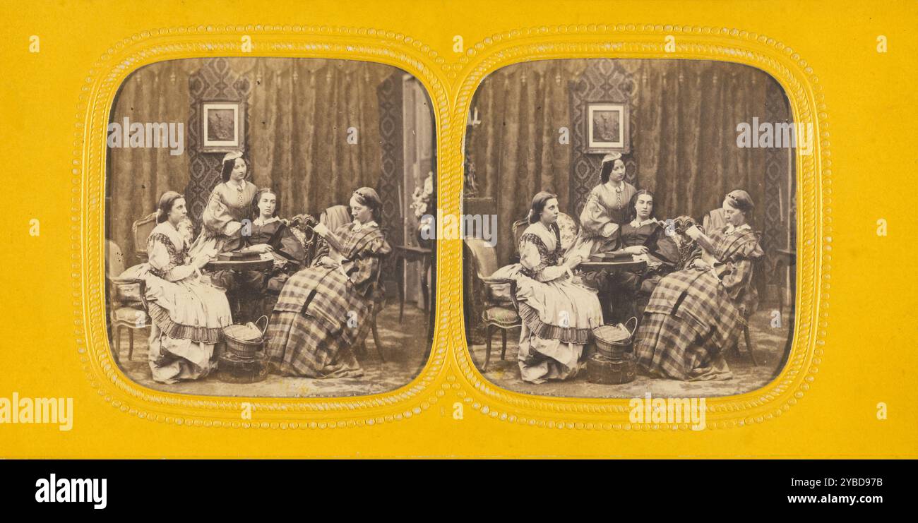 Genre parlor scene with four women, 1860s Stock Photo - Alamy