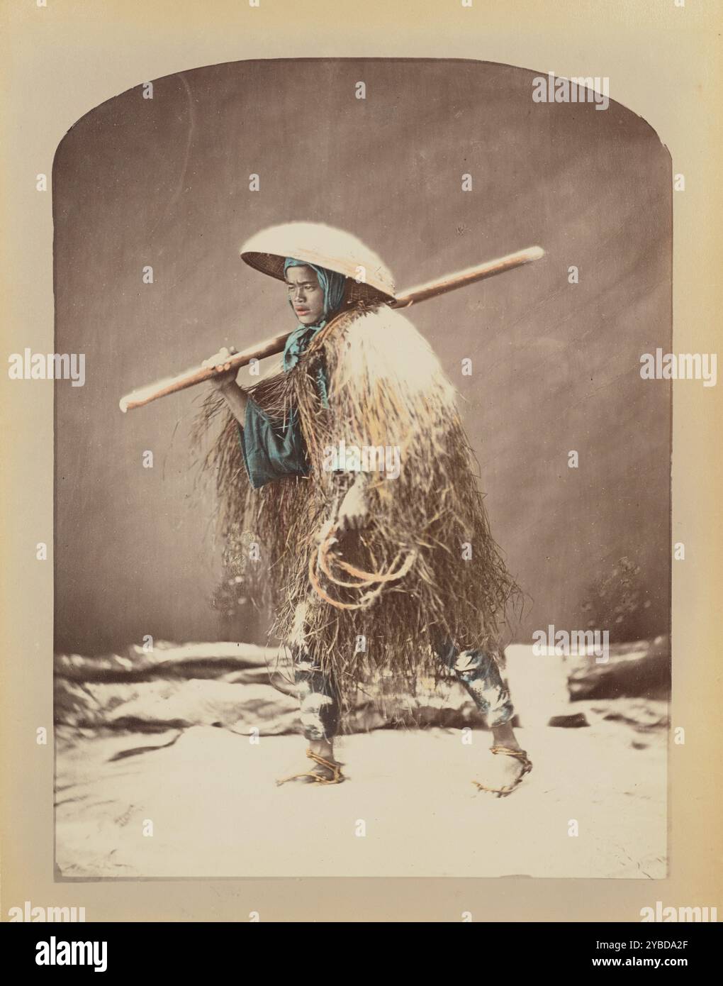 Winter Dress, 1870s-1890s. Laborer wearing a straw hat, straw cape, and ...