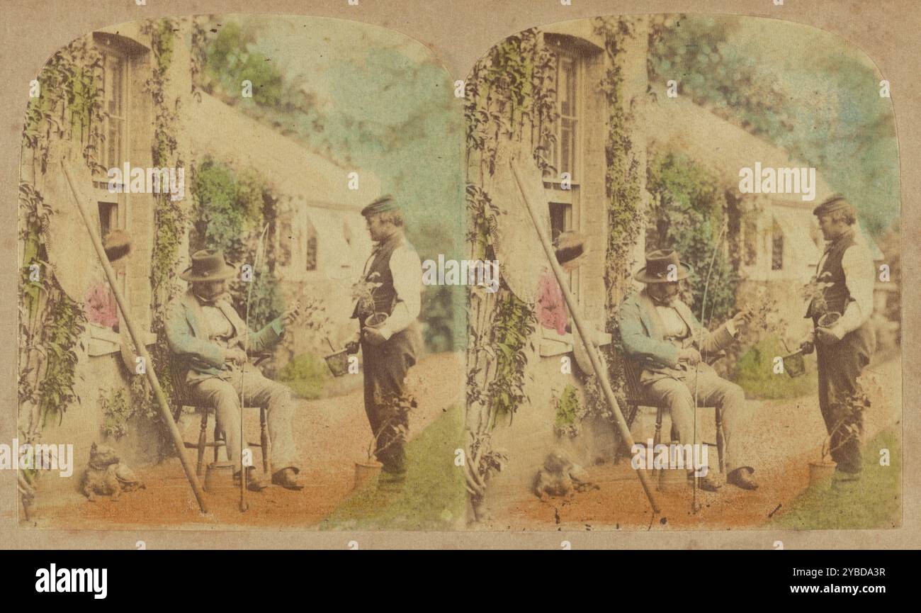 Man holding fishing pole seated, another man standing holding potted plant, dog on ground at ...