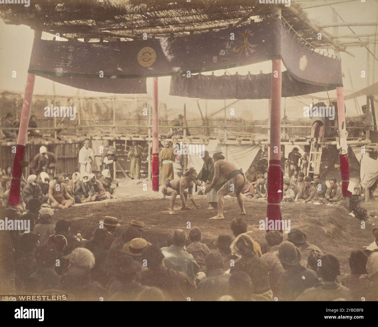 Wrestlers, about 1875-1890s. View of a sumo wrestling match, with a ...