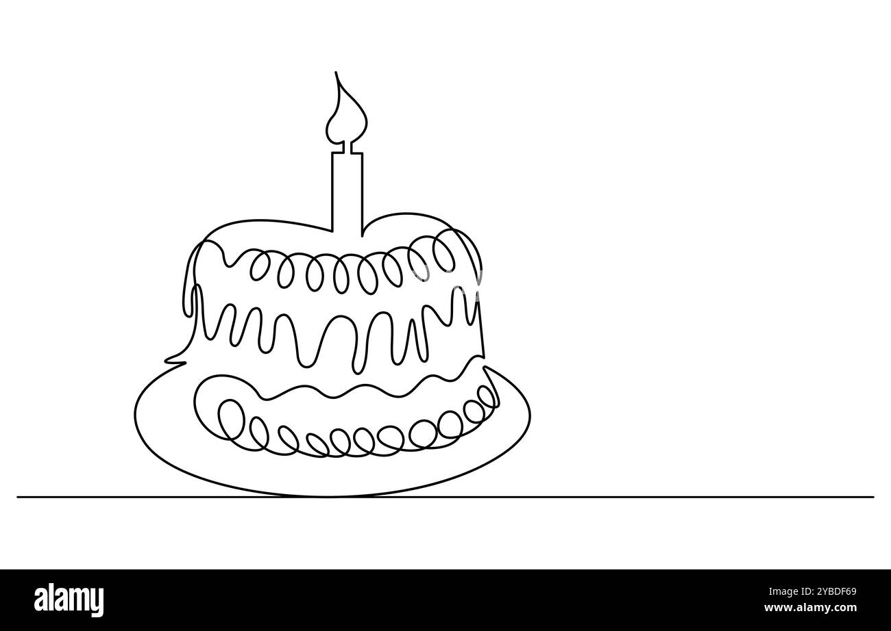Continuous line drawing of a birthday cake with candle, Continuous Line ...