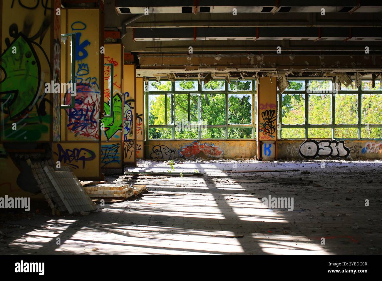 Graffiti-covered walls illuminated by sunlight in an abandoned space with broken windows and ...