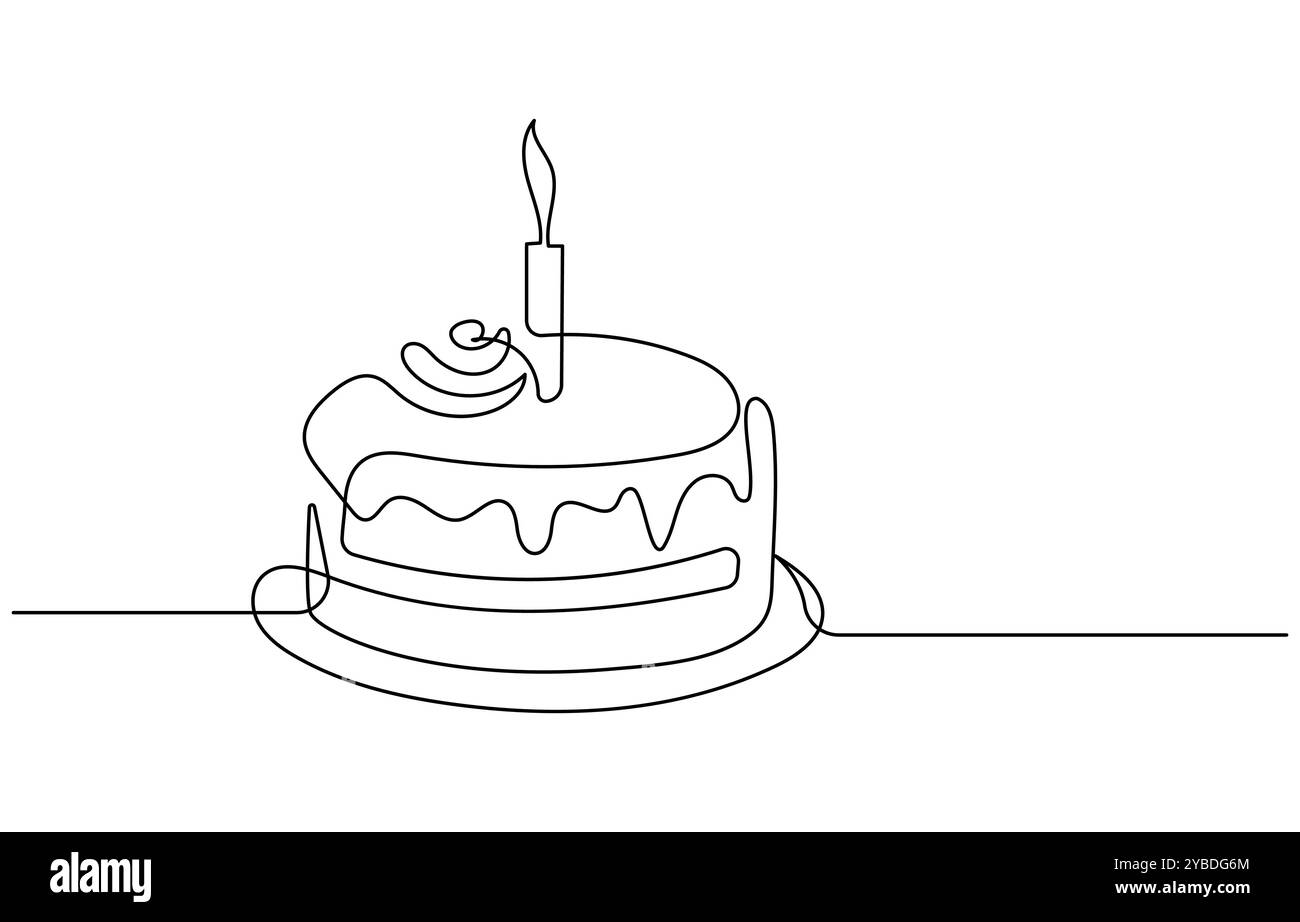 Continuous line drawing of a birthday cake with candle, Continuous Line ...