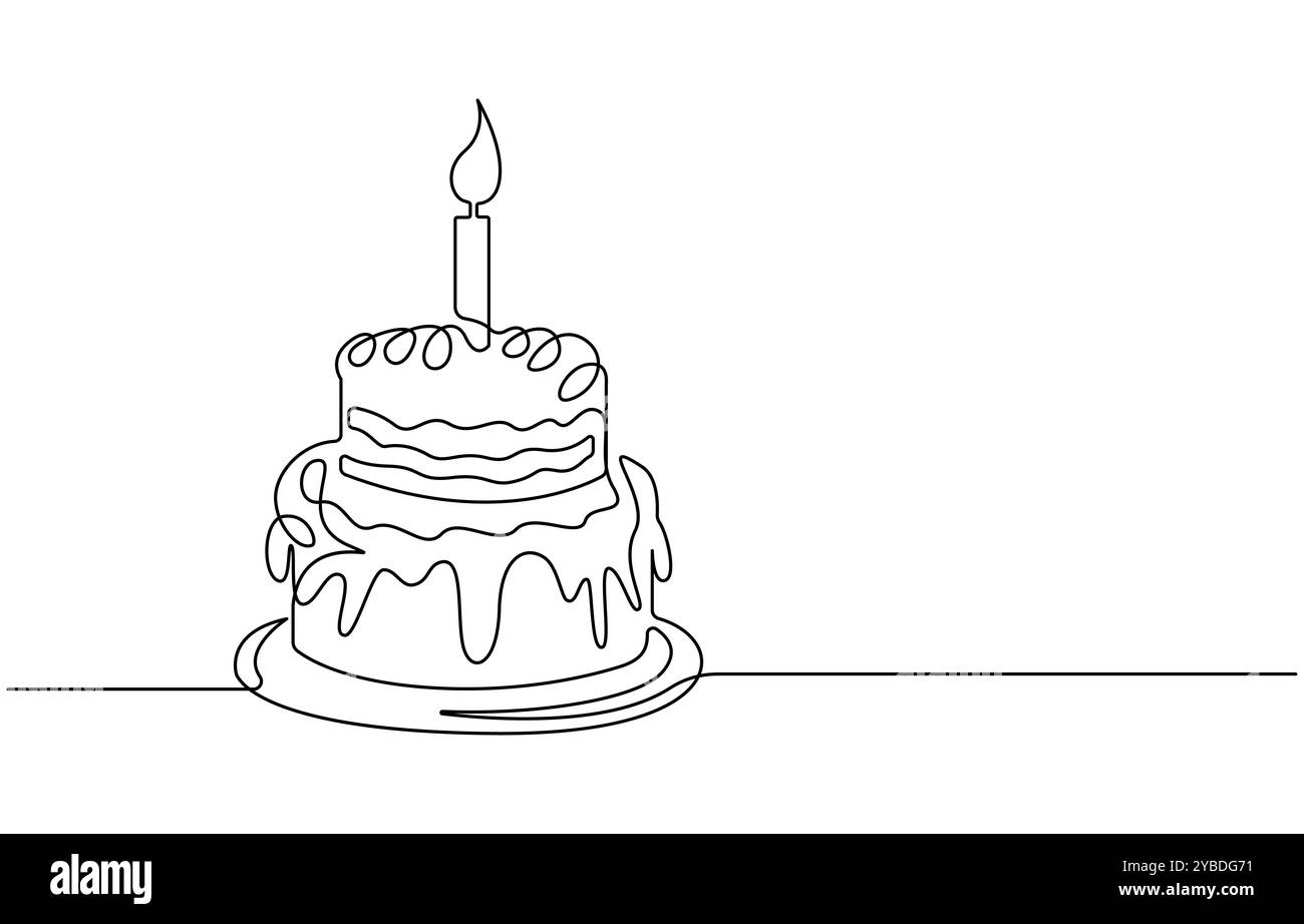 Continuous line drawing of a birthday cake with candle, Continuous Line Drawing of Happy ...
