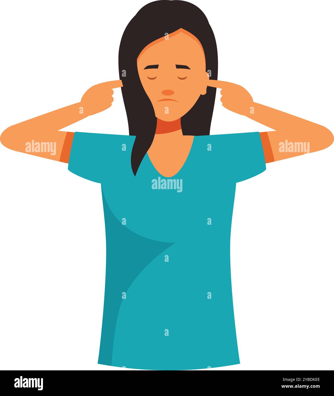 Young woman is plugging her ears with her fingers, wincing at a loud ...