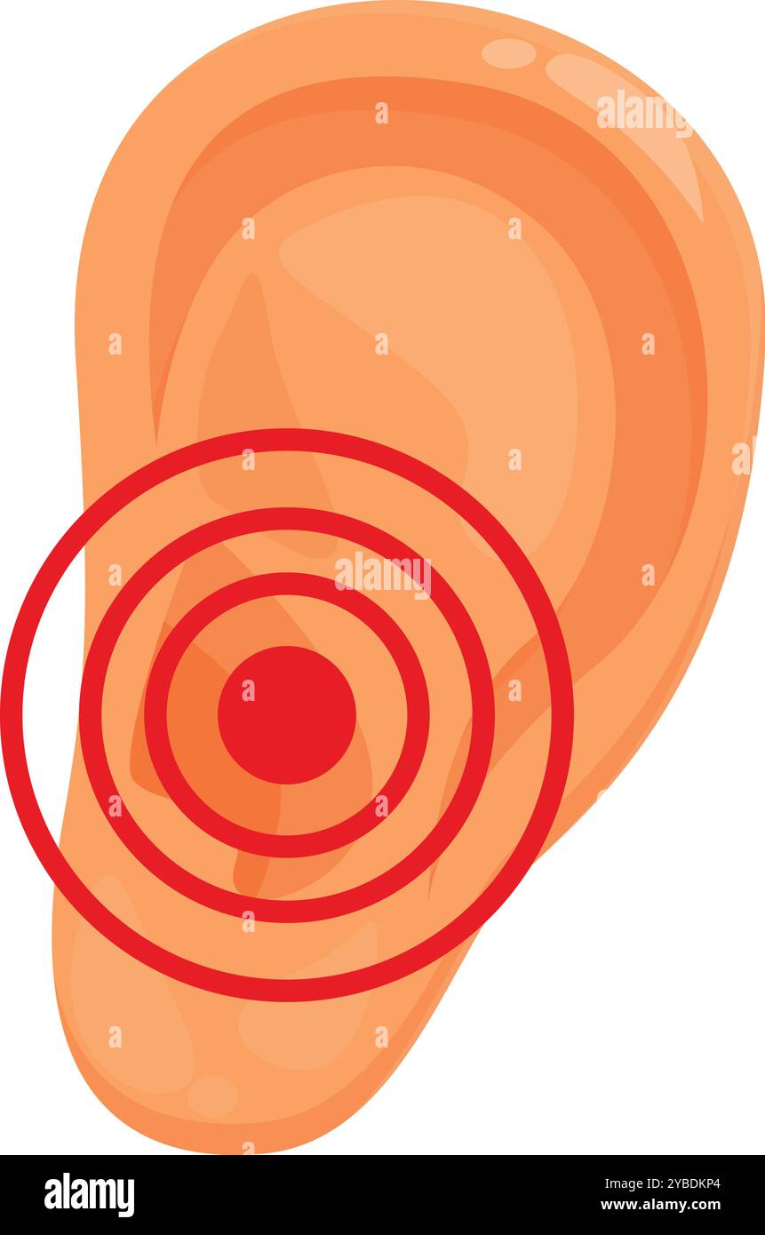 Red circles are radiating from a human ear, indicating pain in the ear ...