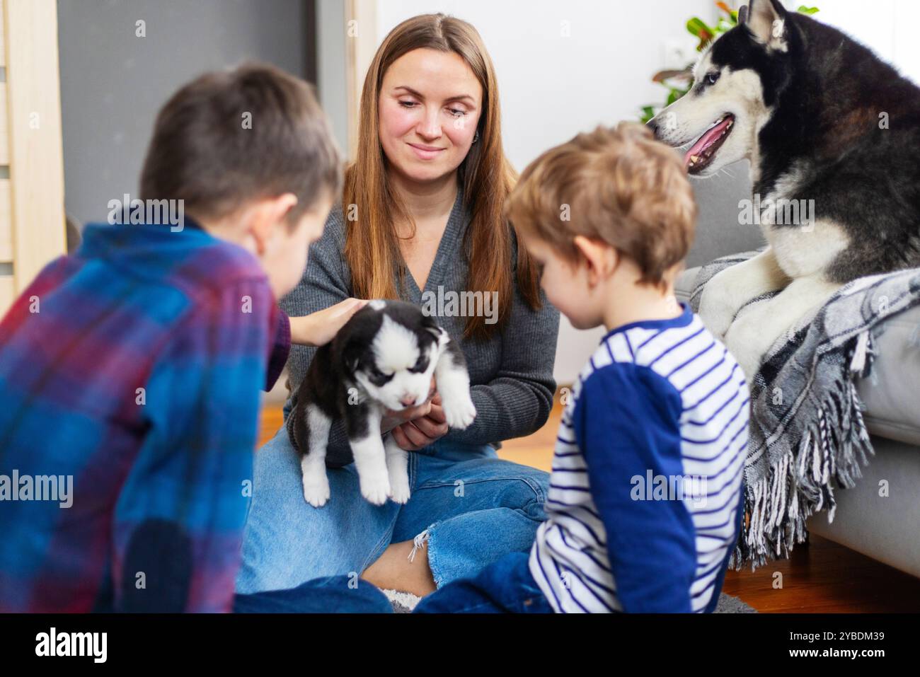 Children and mother with puppy indoors Stock Photo - Alamy