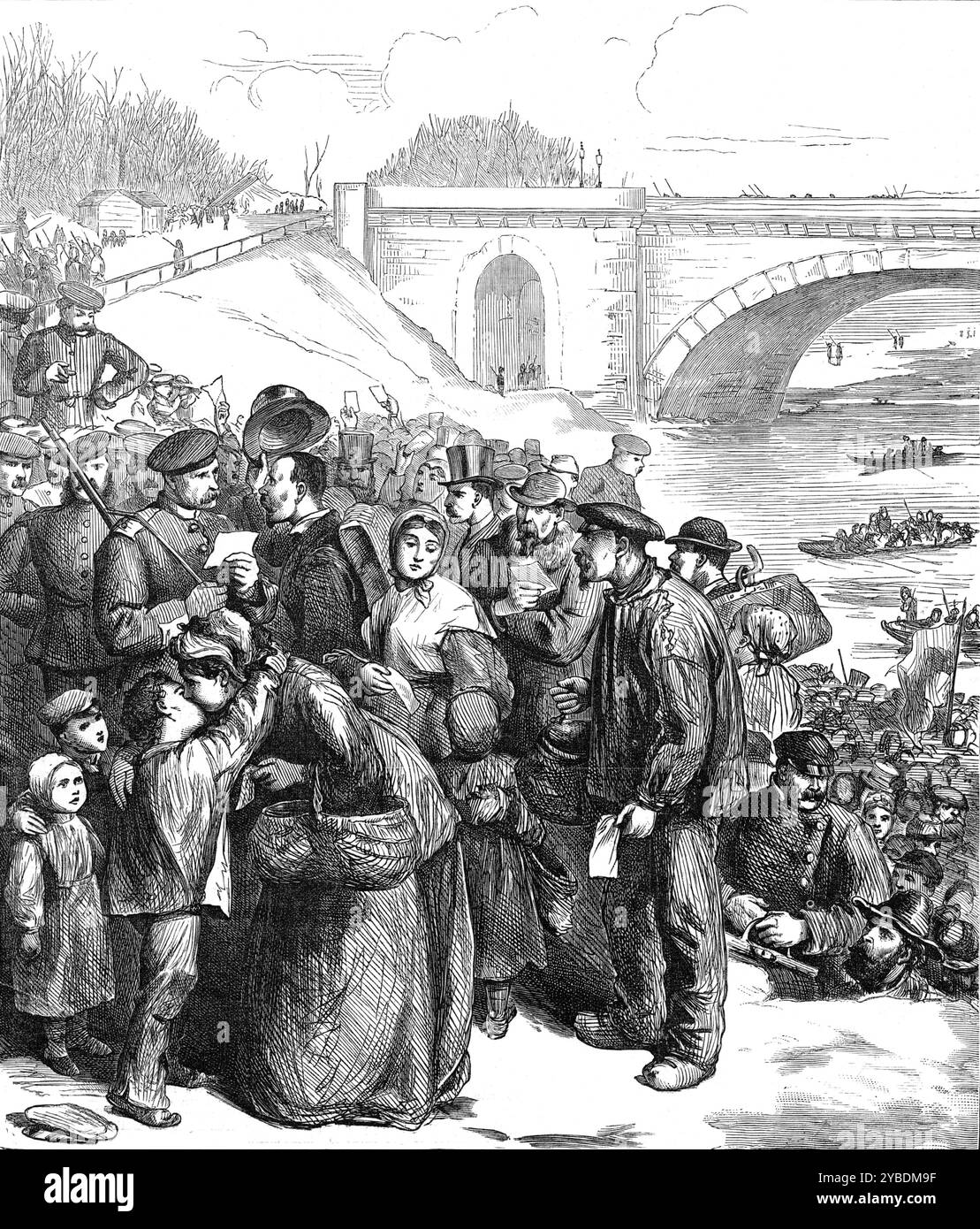 French coming into the Prussian lines for bread, at the ferry of Sevres ...