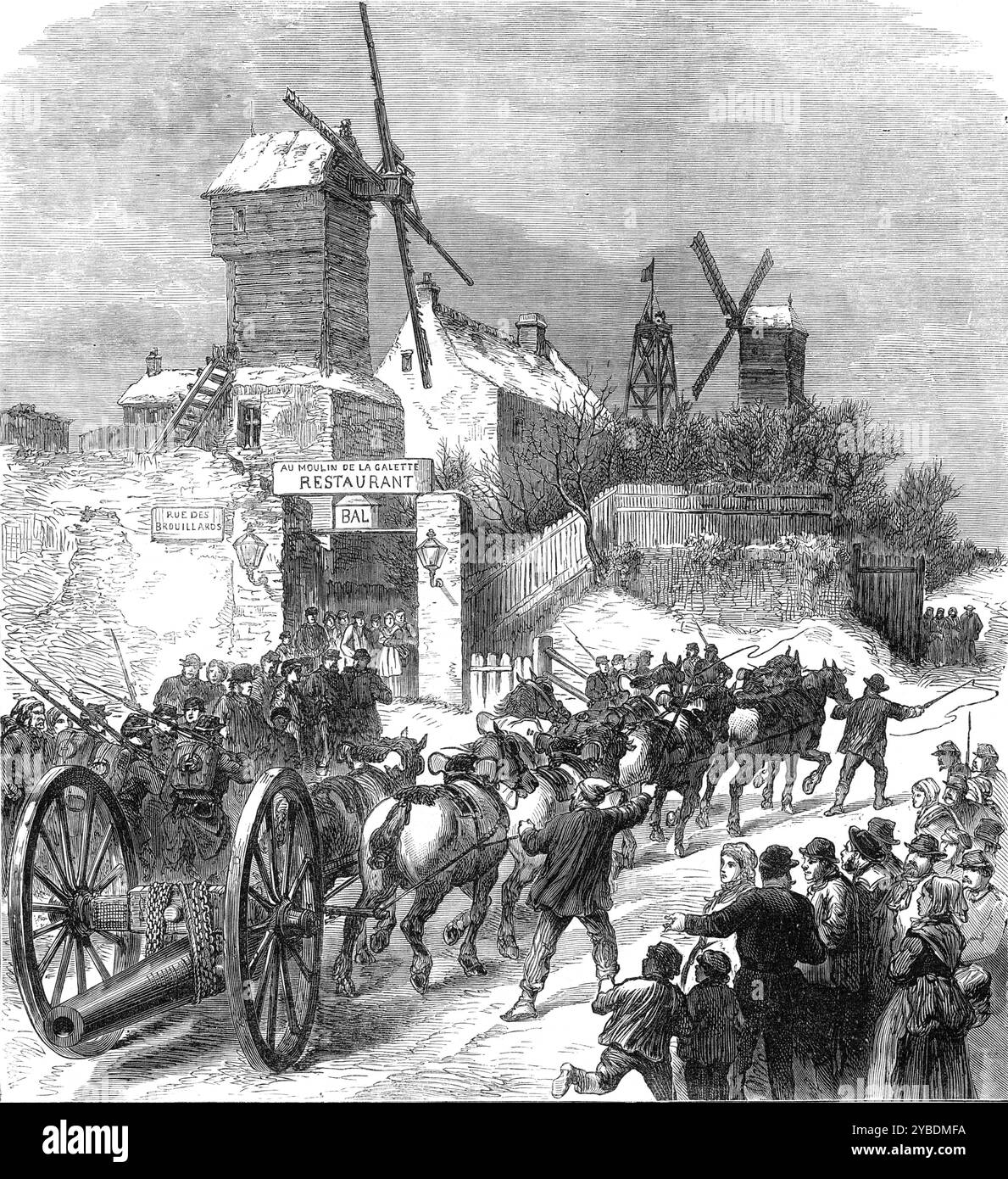 Bringing up ship guns at the Buttes Montmartre, Paris, (sketch by ...