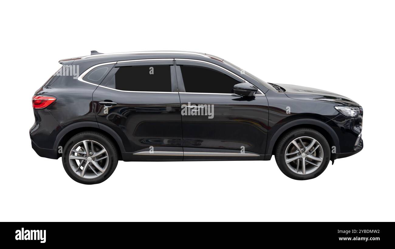Side view of small black SUV sports car is isolated on white background ...