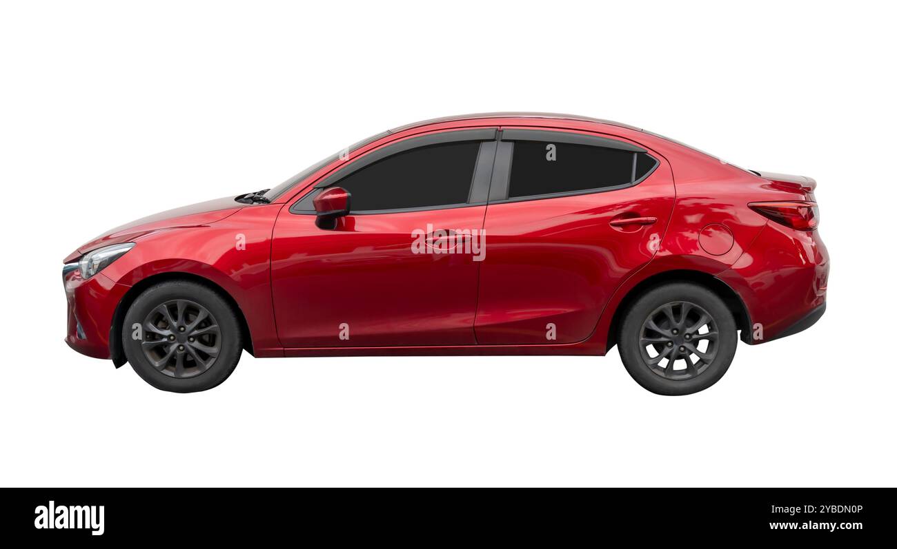 Side view of red sports sedan car is isolated on white background with ...