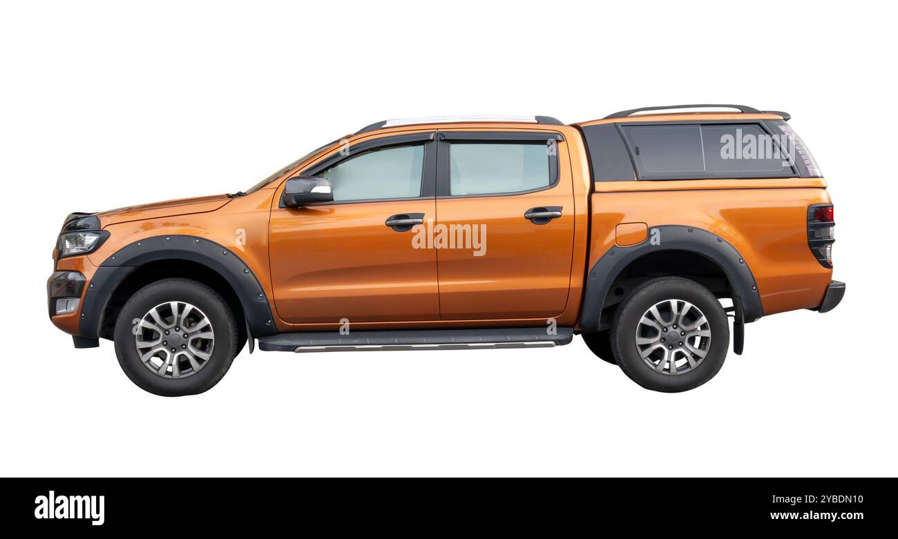 Side view of dark orange pickup truck is isolated on white background ...