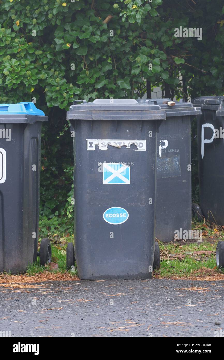 Domestic rubbish bin in Scotland with Scottish flag and Ecosse sticker ...