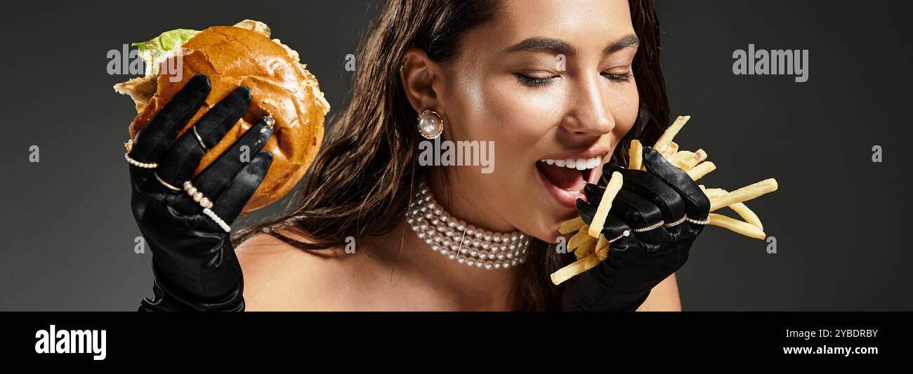 A sophisticated woman delights in a gourmet burger and fries, wearing ...