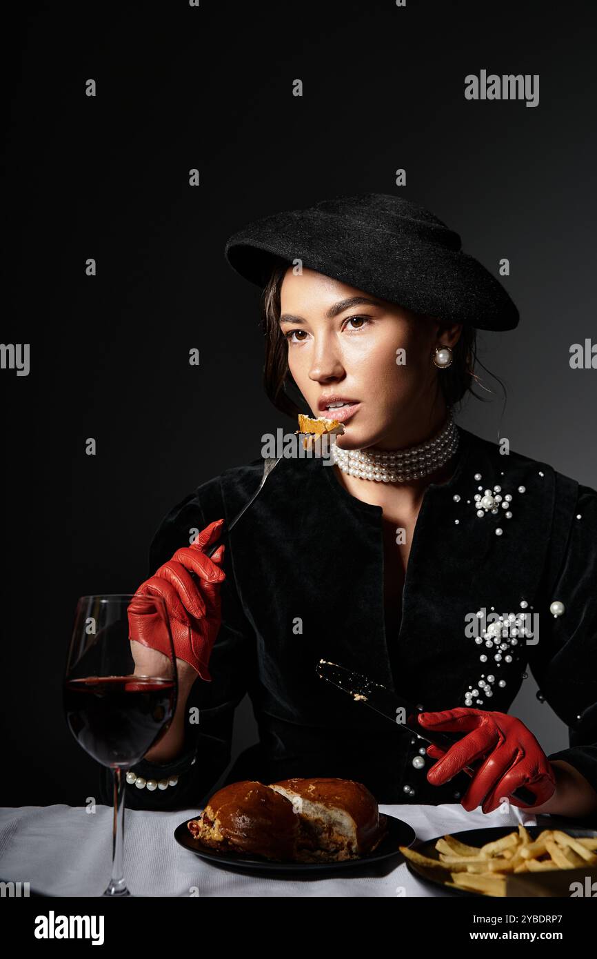 A young woman enjoys a gourmet meal, elegantly dressed and exuding ...