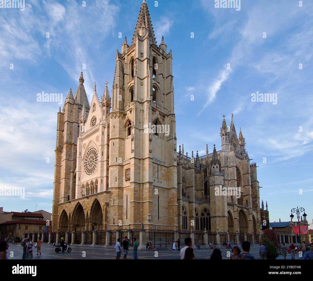 Exterior view of the west facade and stained glass rose window of the ...