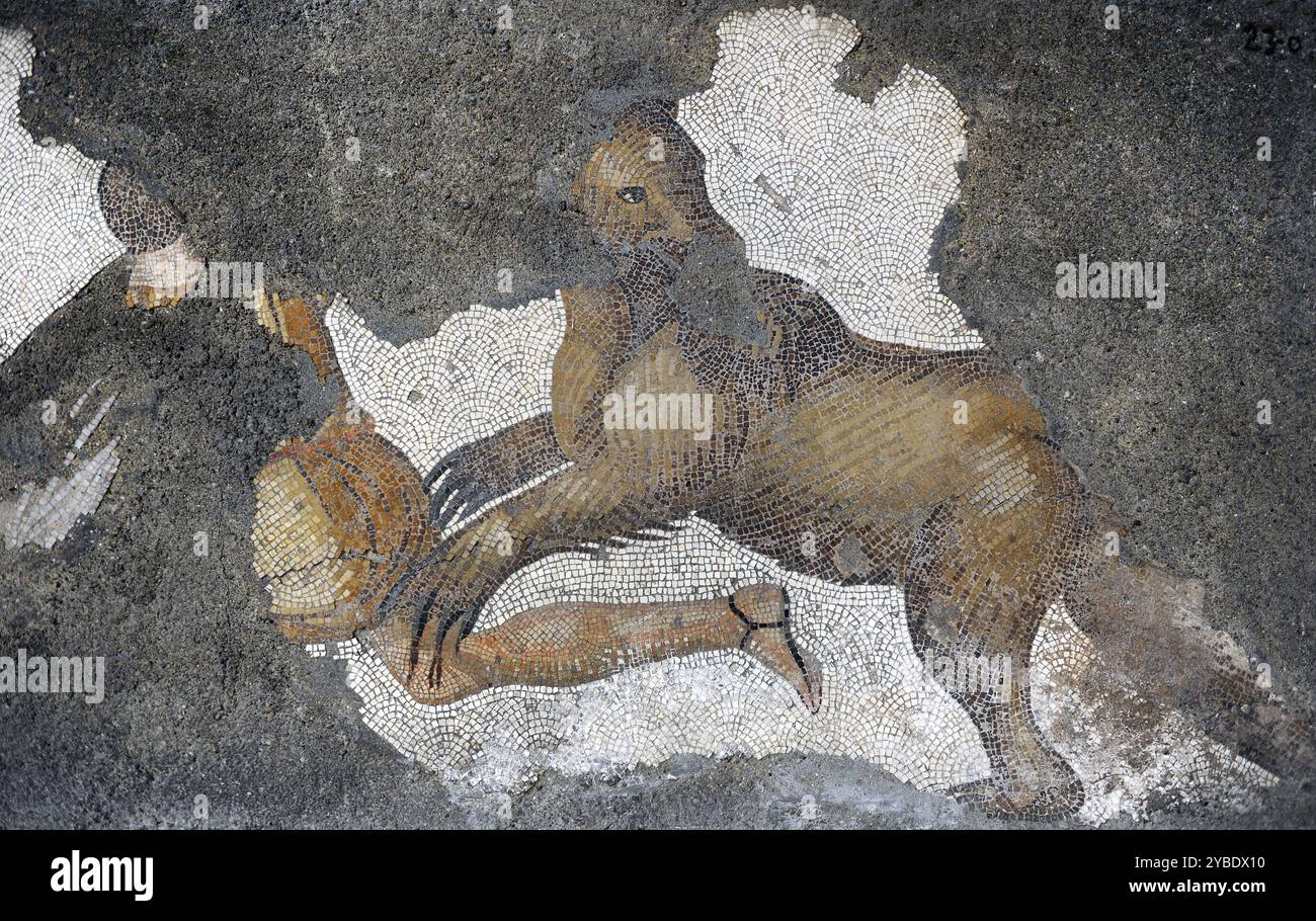 Attack of a brown bear, detail from mosaic pavement of a peristyle ...