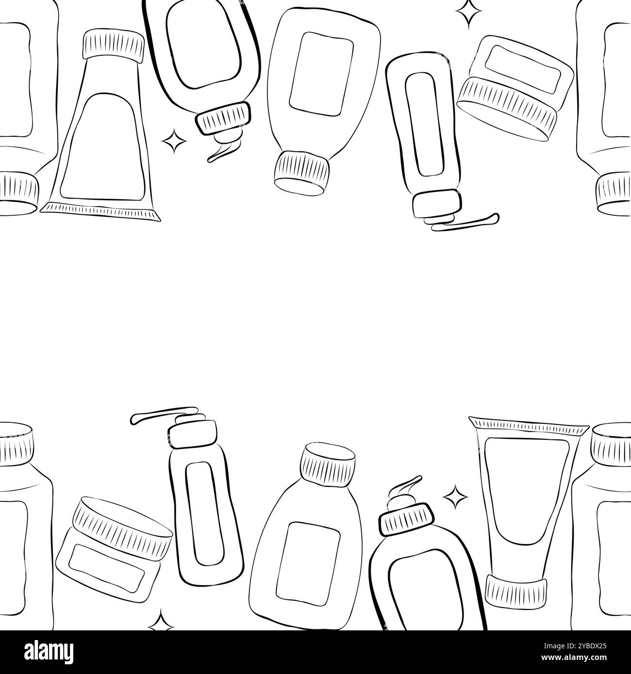 Vector seamless pattern border of different outline bottles, tubes ...