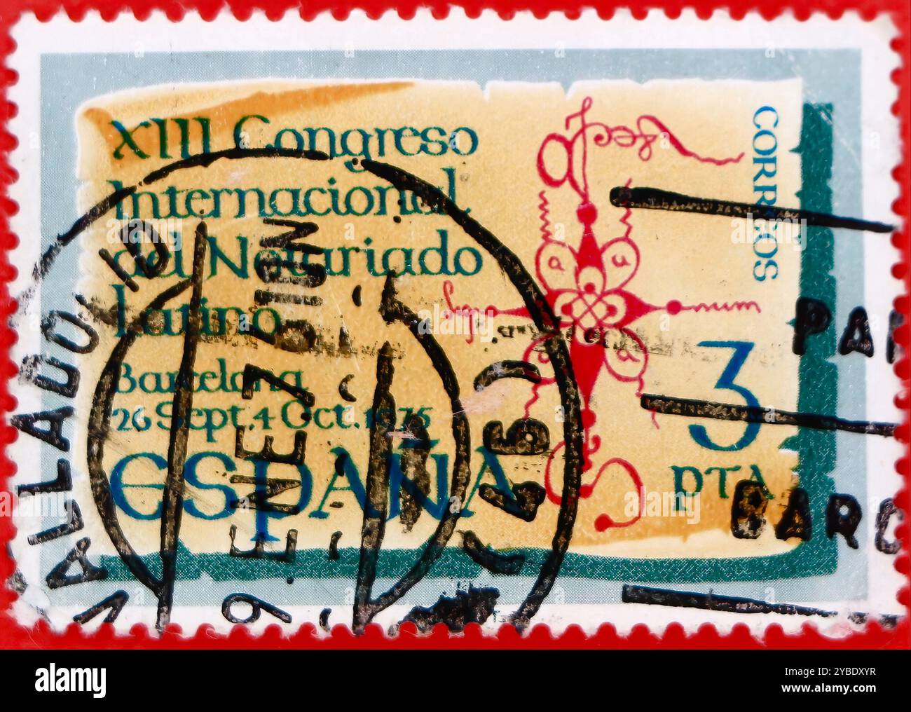 Photo of a postmarked 3 Spanish pesetas postage stamp for the 1975 XIII ...