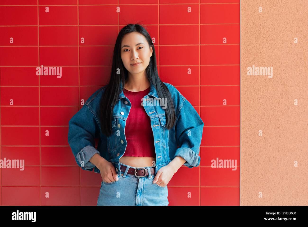 Portrait of a smiling Korean Asian woman Generation Z in casual wear ...