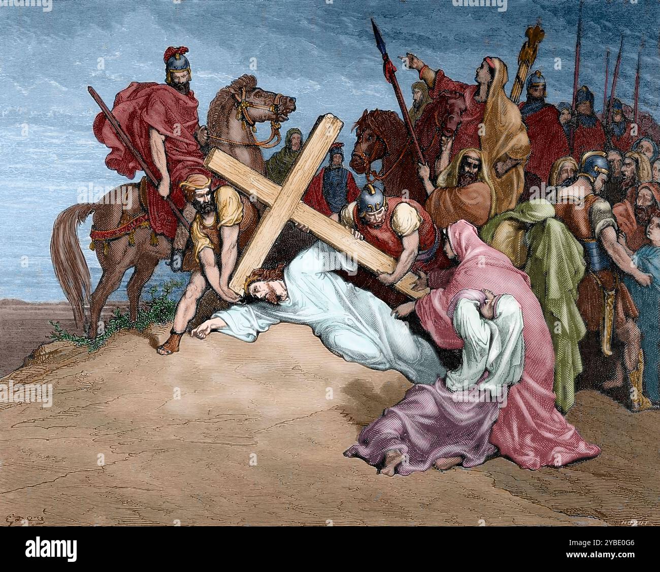 Jesus reaches the top of Calvary, mid-late 19th century. Biblical scene ...