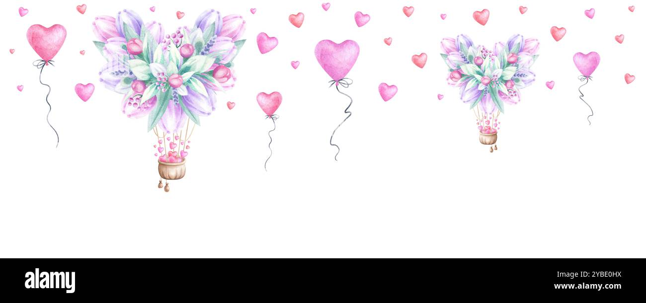 Heart-shaped flower balloon with flying hearts watercolor seamless ...