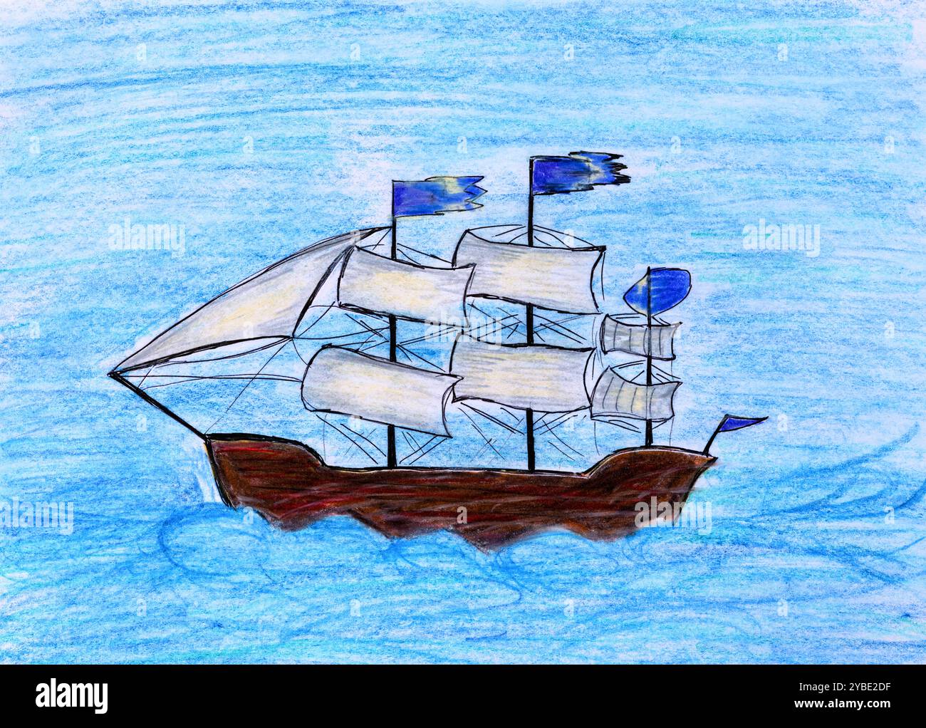 Sailing ship in blue sea. Pencil hand drawing Stock Photo - Alamy
