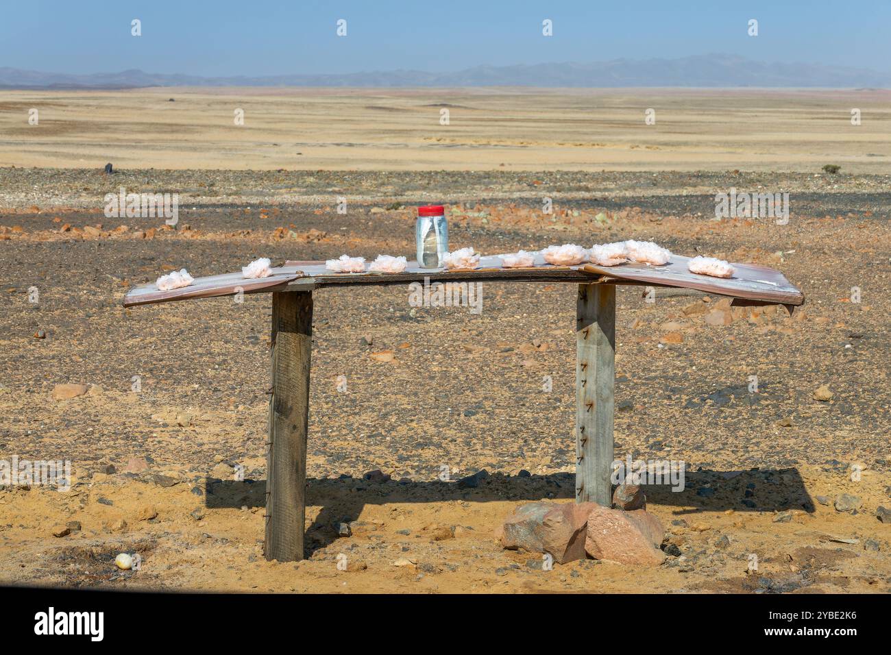 Pink salt crystals for sale on the side of the road, Skeleton Coast ...