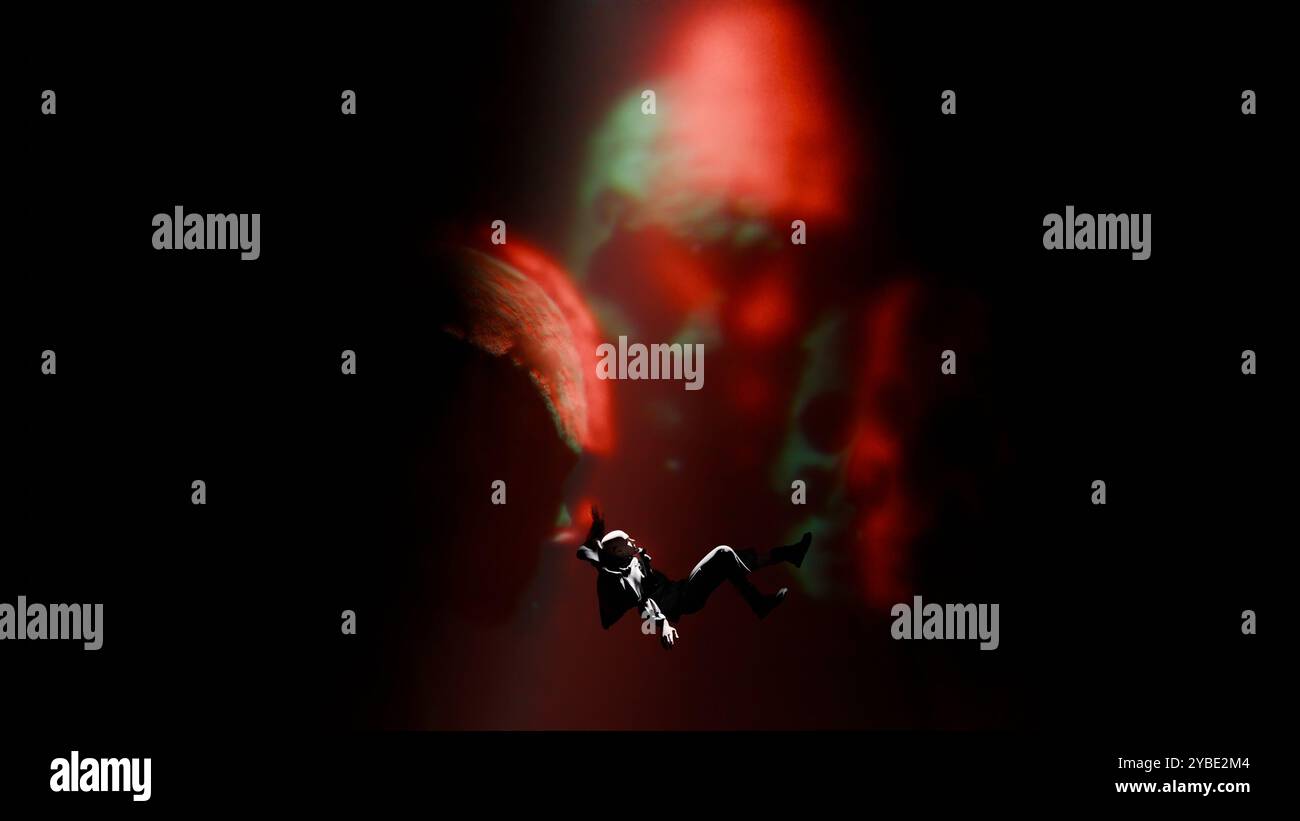 A surreal fall into a dark pit, a figure flying under the gaze of giant ...