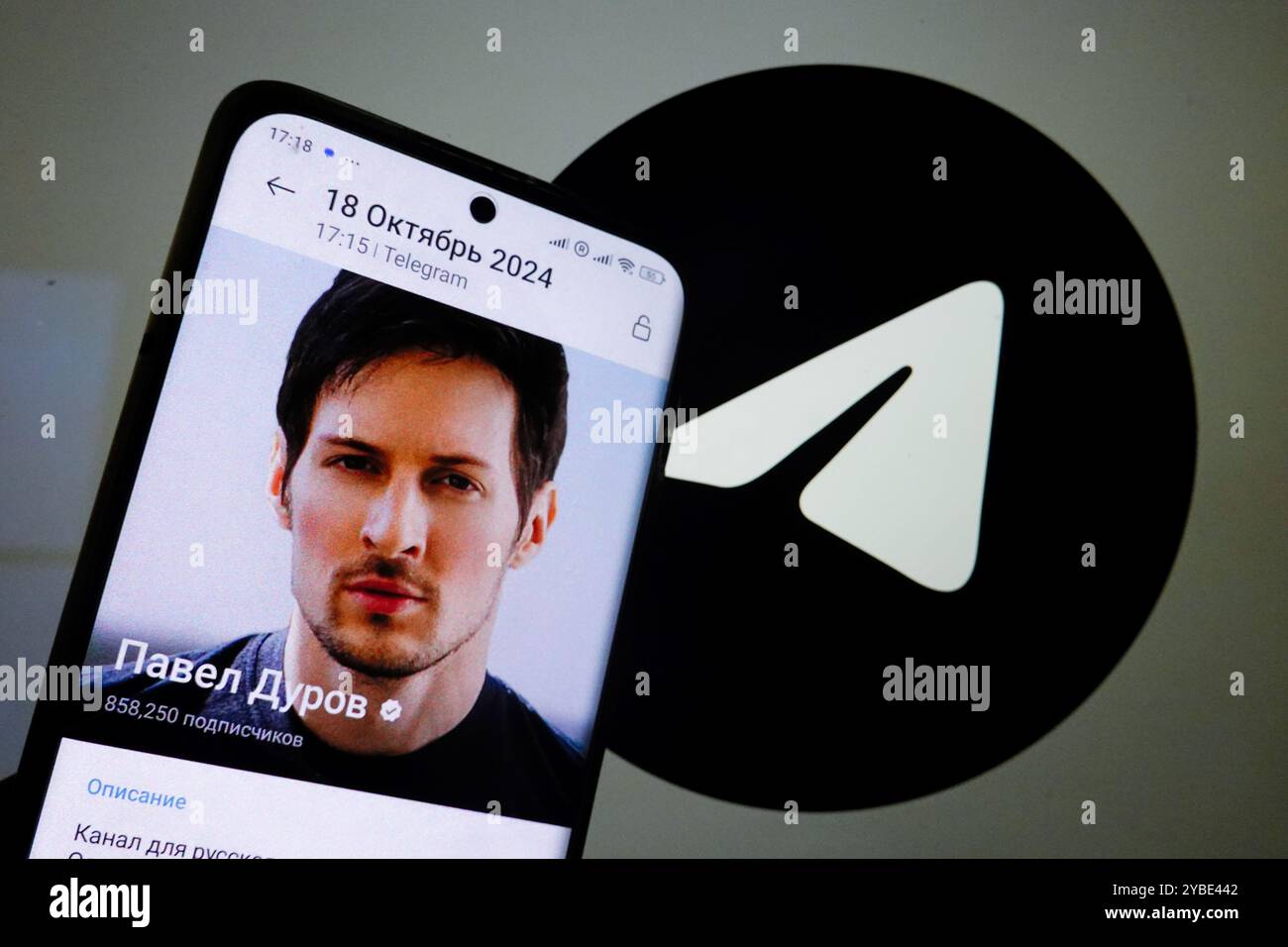 A Telegram logo and Pavel Durov profile photo displayed on a smartphone ...
