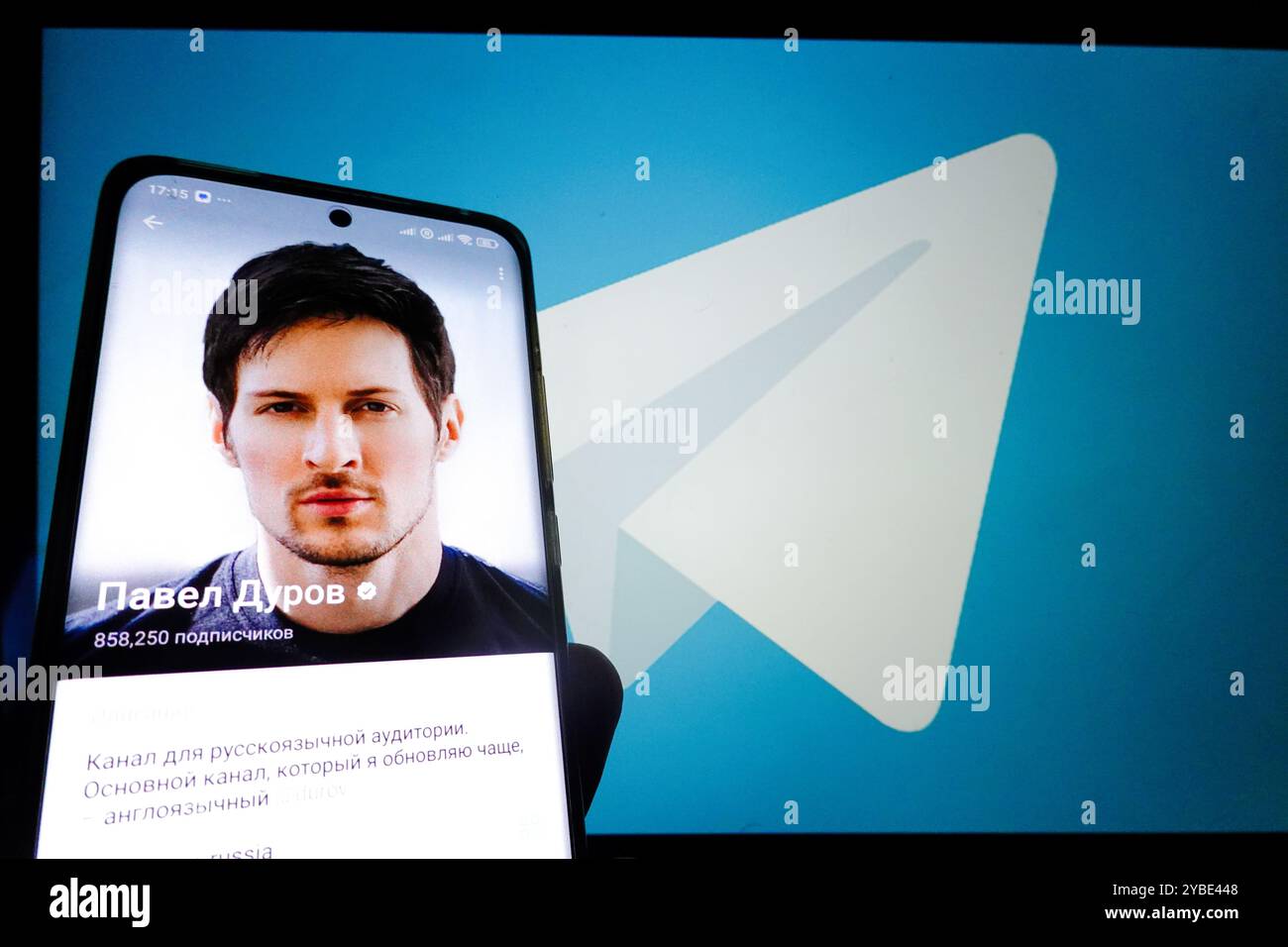 A Telegram logo and Pavel Durov profile photo displayed on a smartphone ...